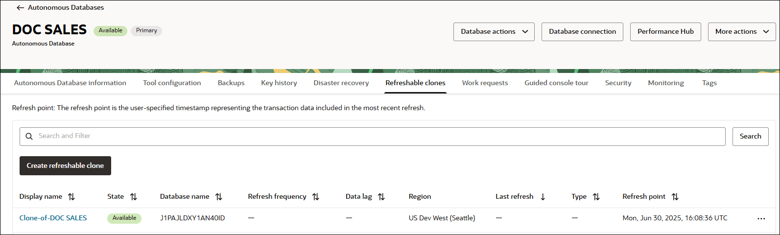View Refreshable Clones For An Autonomous Database Instance